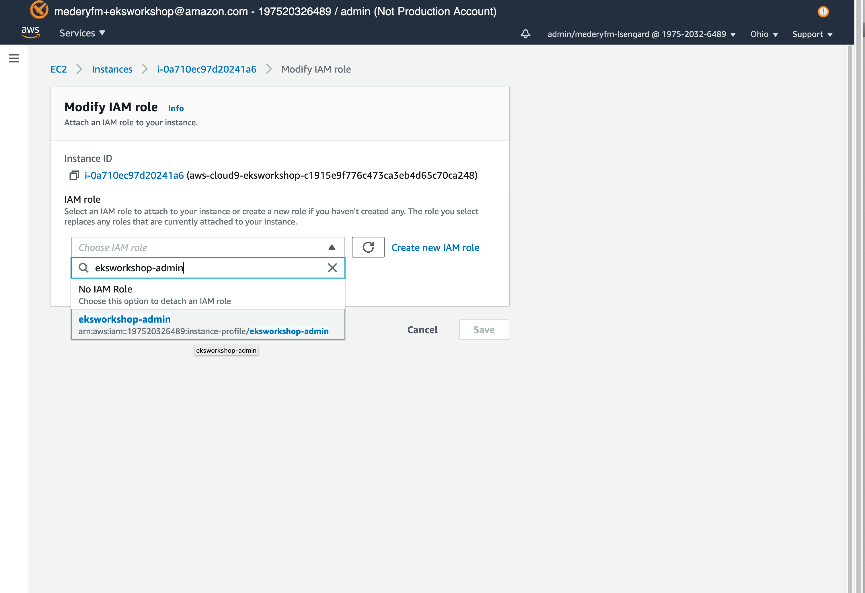 Attach the IAM role to your Workspace :: Amazon EKS Workshop